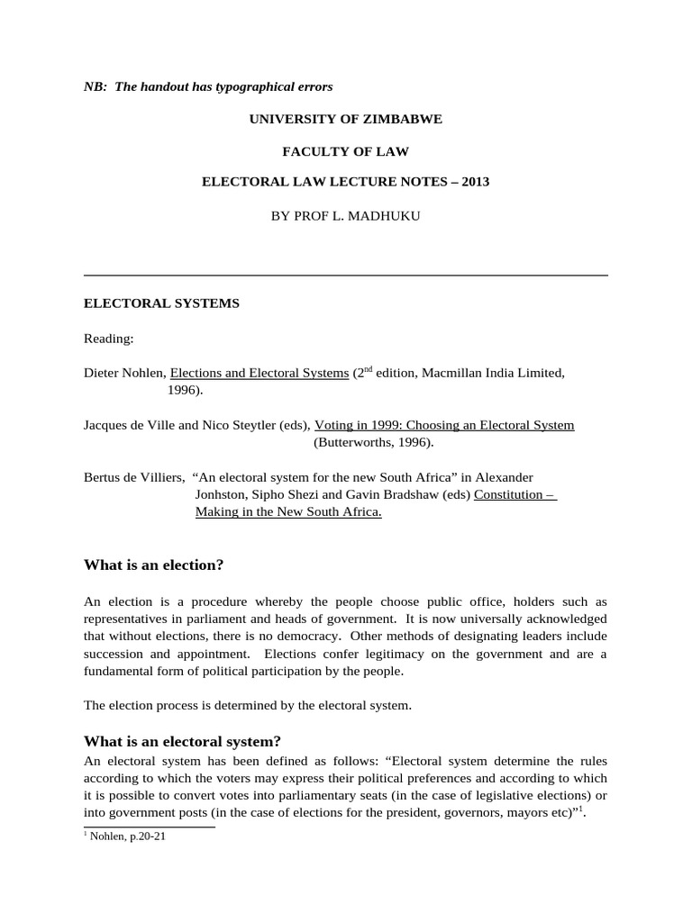 Electoral Law Handout | PDF | Voting | Forms Of Government