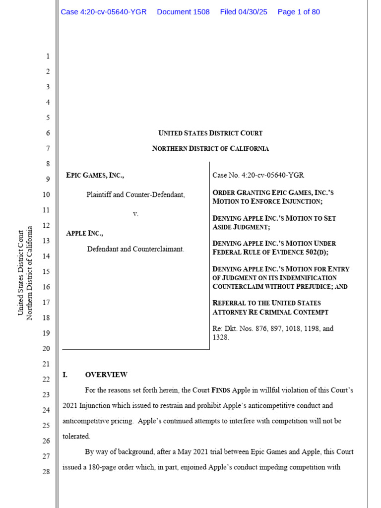 Contempt Order Against Apple in Epic V Apple | PDF | Legal Remedy | Injunction