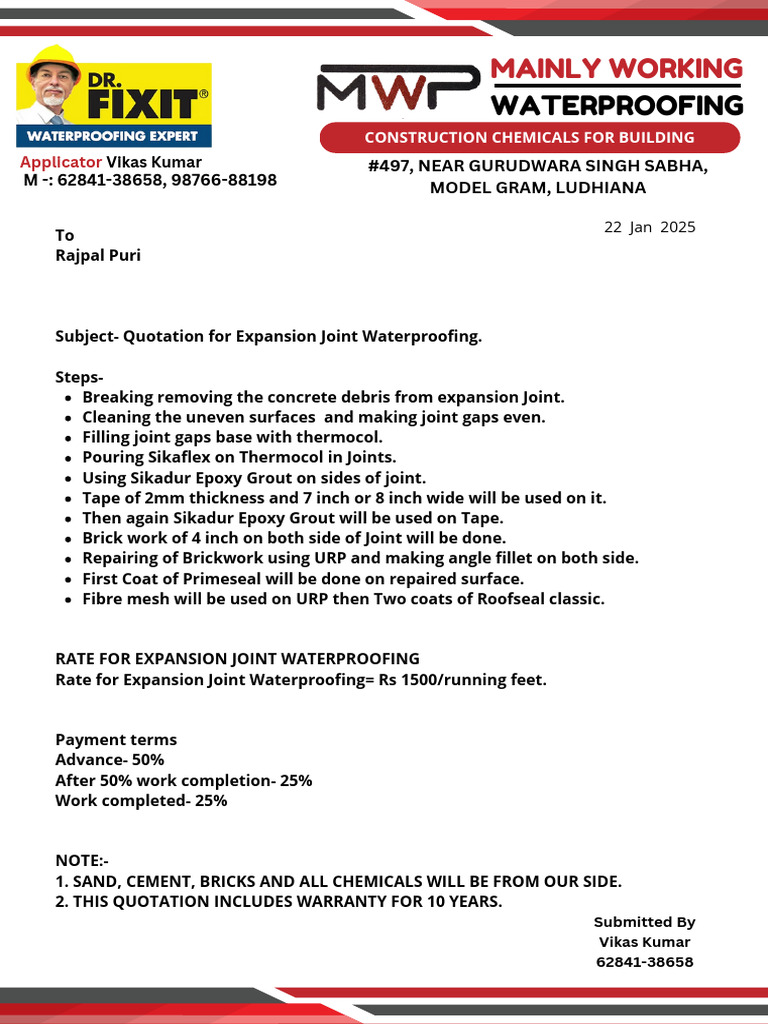 Quotation For Expansion Joint Waterproofing Revised | PDF