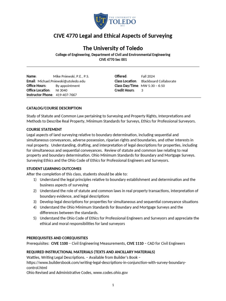 CIVE 4770 - Legal Aspects of Land Surveying Syllabus - Fall 2024 | PDF ...