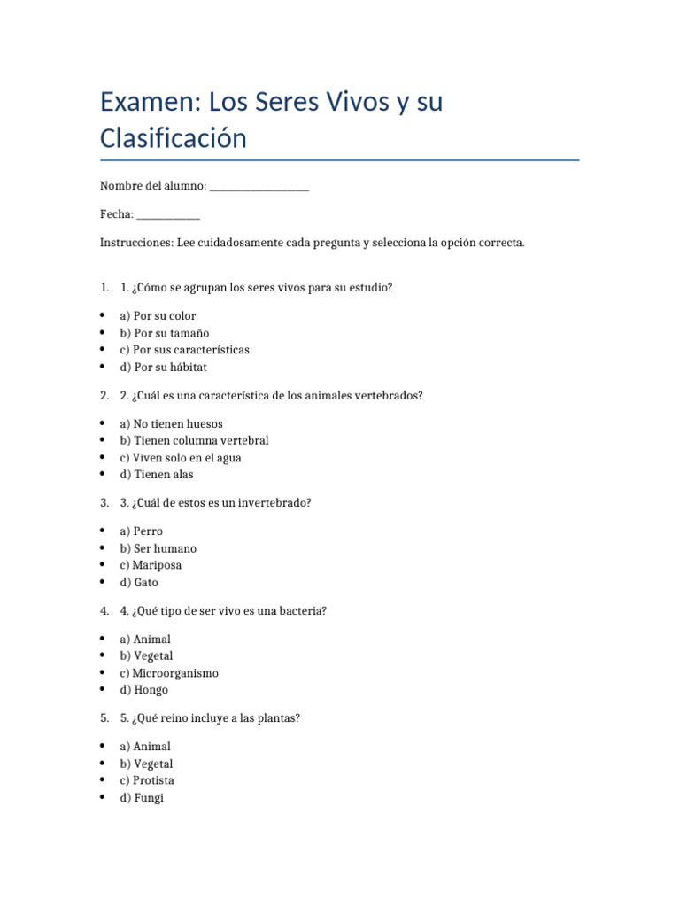 Examen Los Seres Vivos y Su Clasificación | PDF