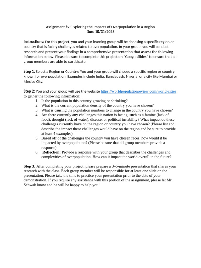 Unit 9.2 Assignment 7 - Overpopulation Project Formative Assessment | PDF