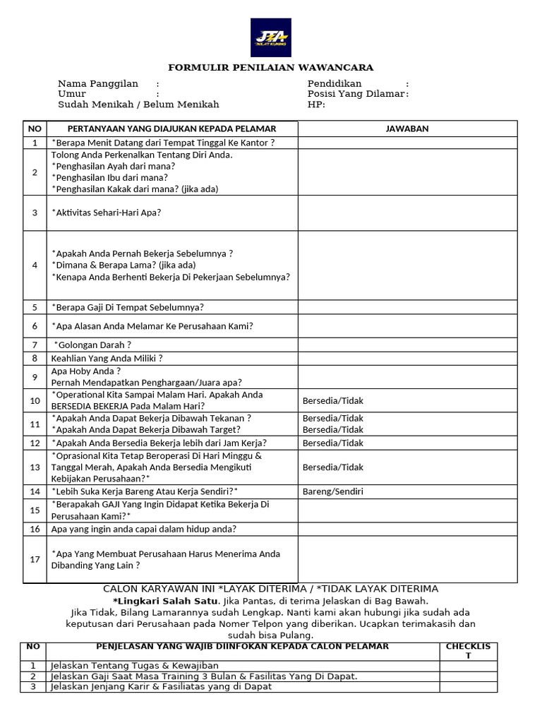 FORM WAWANCARA KARYAWAN JTA UPDATE 16 OKT 21 | PDF