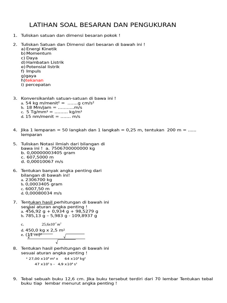 Latihan Soal Besaran Dan Pengukuran - Persiapan PH | PDF