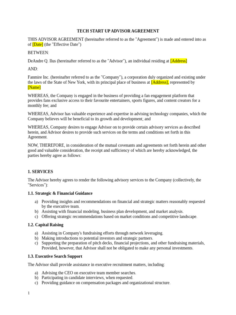 Advisor Agreement - First Draft | PDF | Indemnity | Arbitration