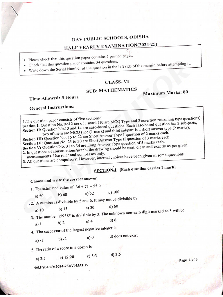 Class 6 Cuttack Hy Que Math | PDF