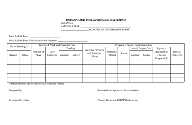 BADAC Fund Quarterly Accomplishment Report - Template | PDF