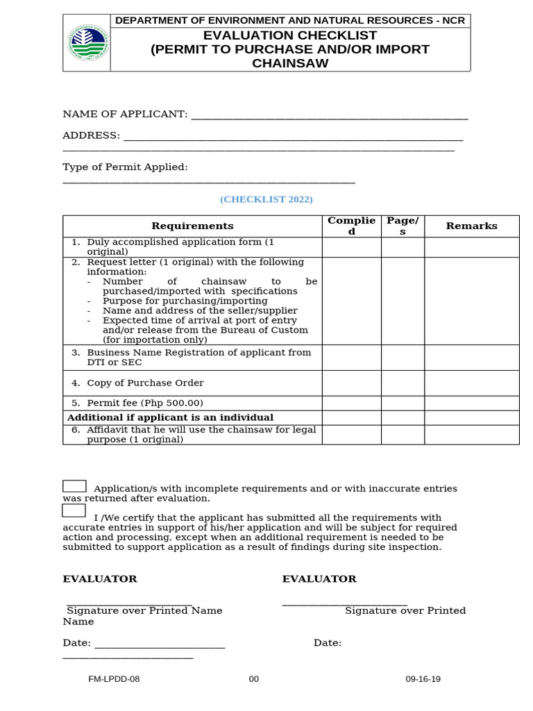 Chainsaw Purchase/Import Permit Checklist | PDF