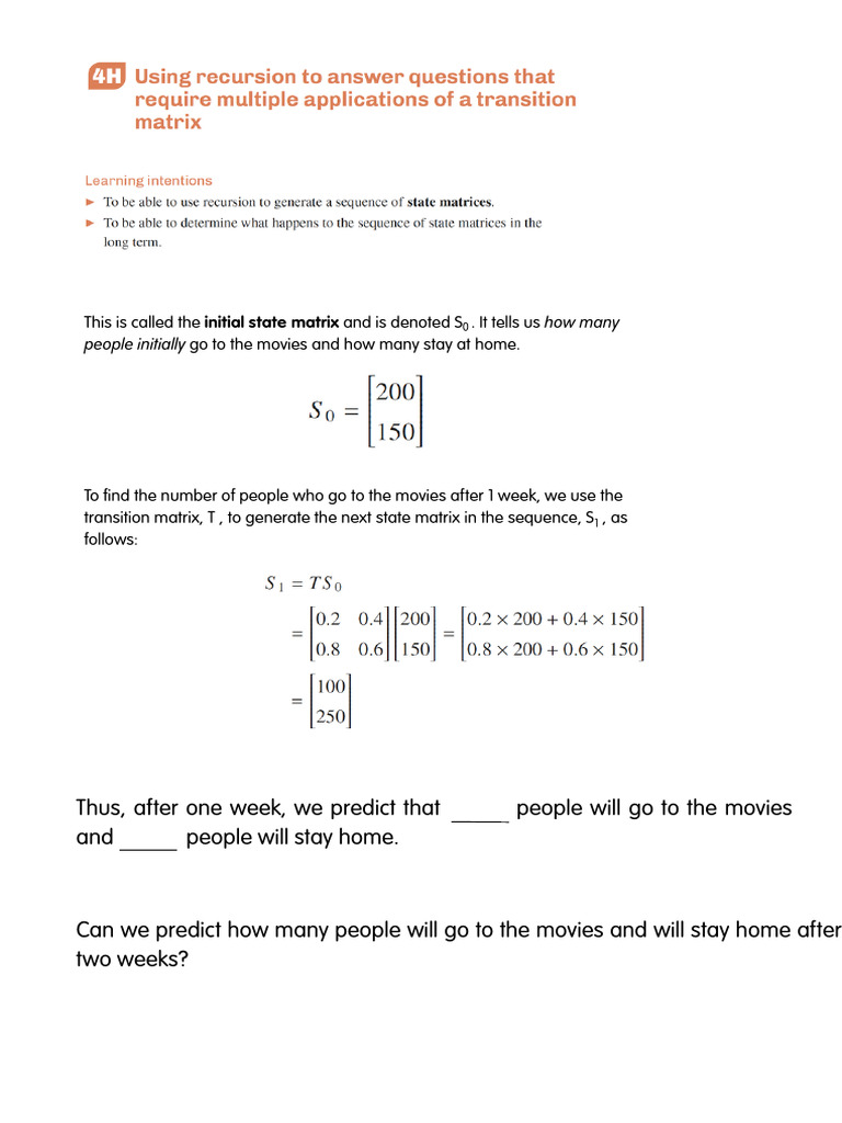 4H Using Recursion To Answer Questions That Require Multiple Applications of A Transition Matrix ...