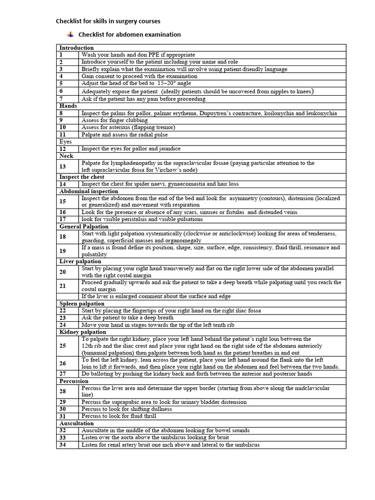 Checklists For Surgery Courses Skills-1 2 | PDF | Neck | Abdomen
