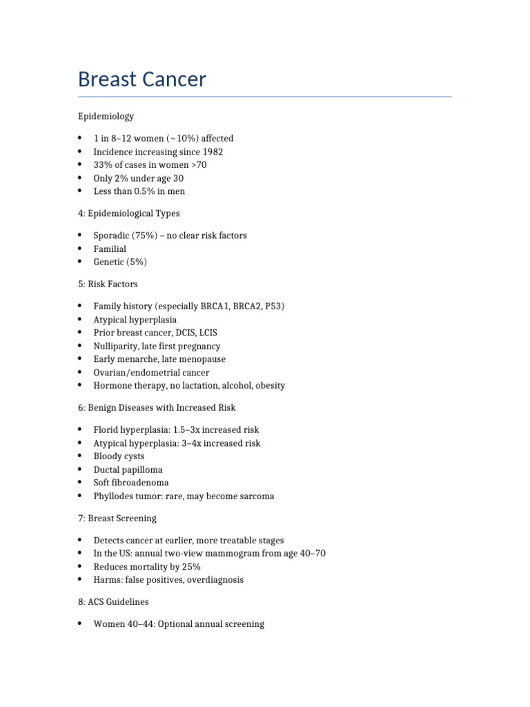 Breast Cancer Summary Numbered | PDF | Breast Cancer | Mastectomy