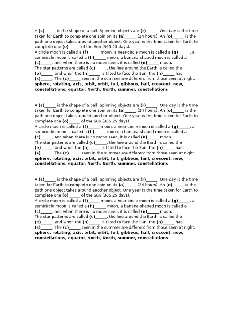 Moon and Earth Cloze | PDF | Rotation | Moon
