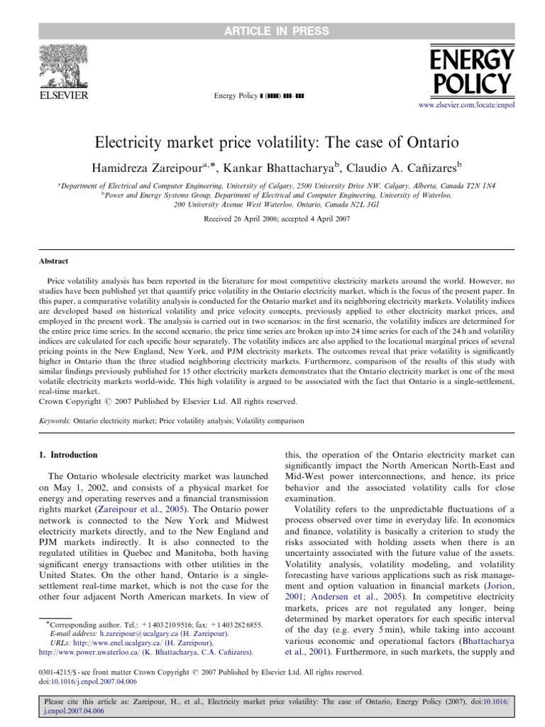 Electricity Market Price Volatility: The Case of Ontario | PDF ...