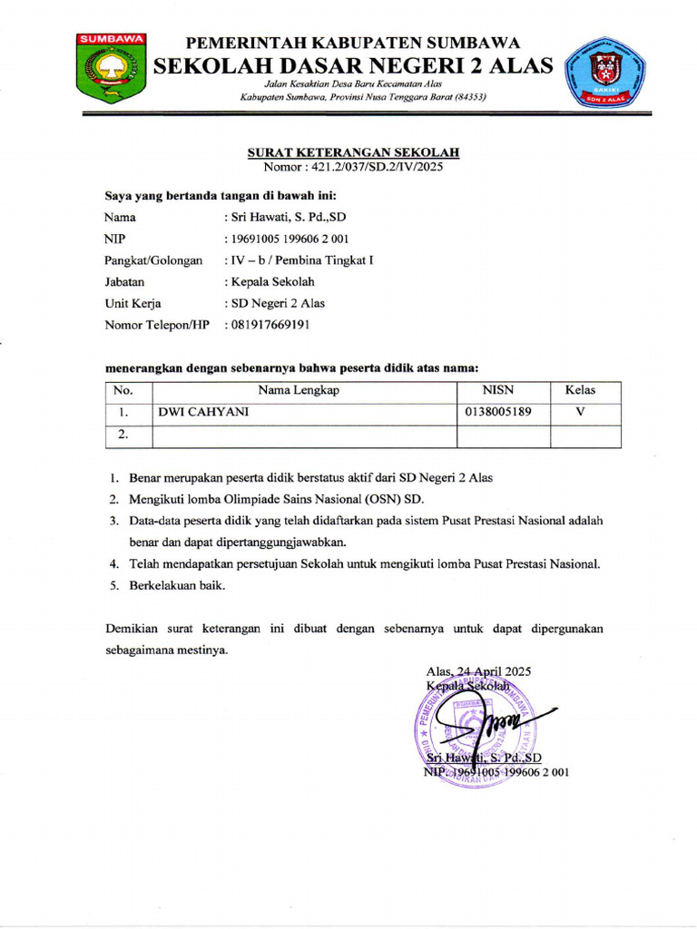 Surat Keterangan - Dwi Cahyani | PDF