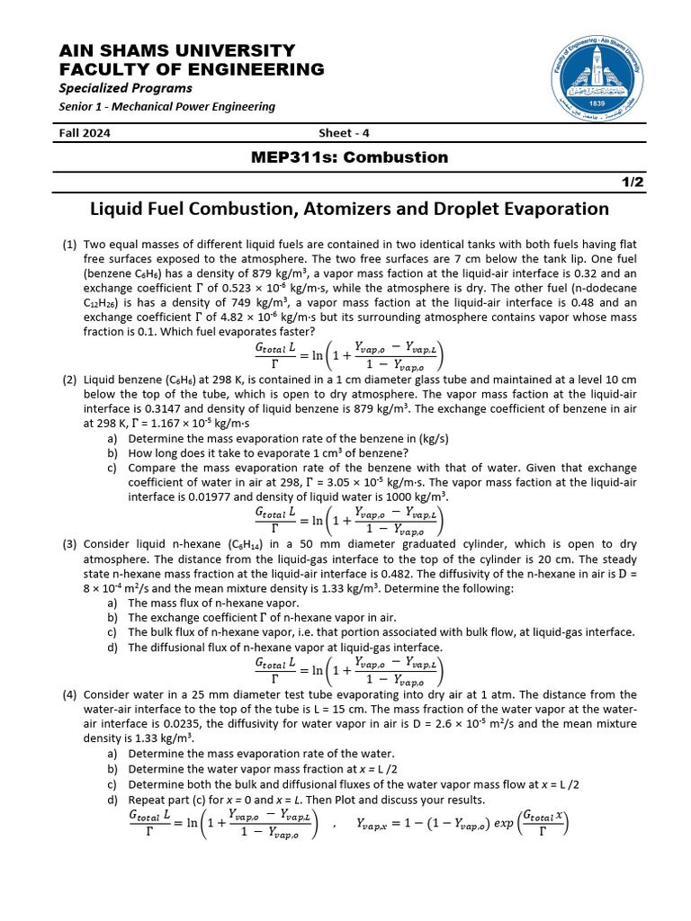 Sheet (4) - Combustion - Liquid Fuel+Droplet Evaporaton - MEP311s | PDF | Evaporation | Density