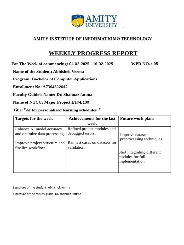 Weekly Progress Report: Amity Institute of Information &technology | PDF