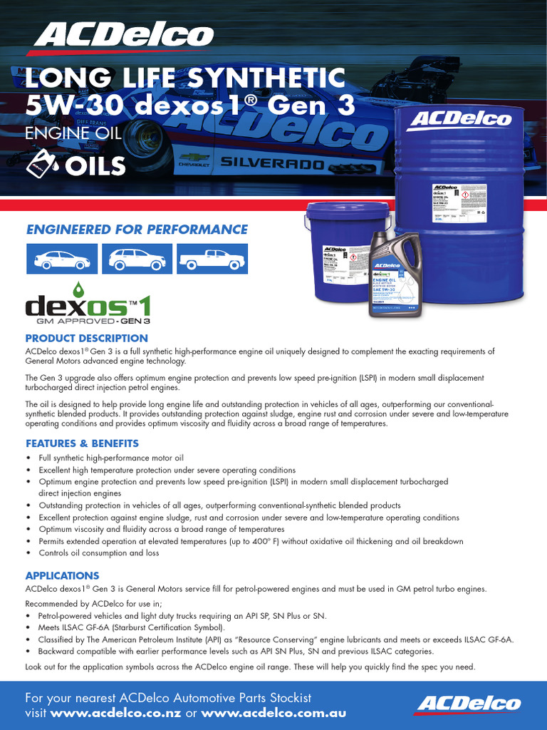 ACDelco Dexos 1 GEN 3 5W-30 Long Life Synthetic Engine Oil Sell Sheet ...