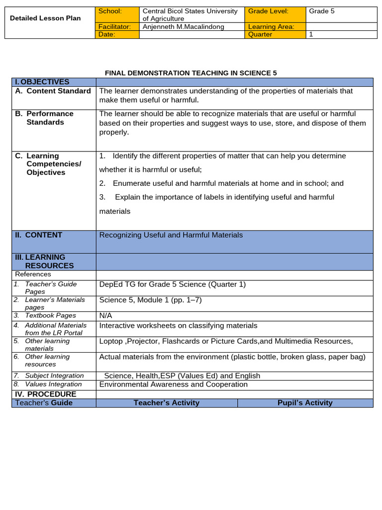 Sample Lessson Plan in BEEd | PDF | Lesson Plan | Learning