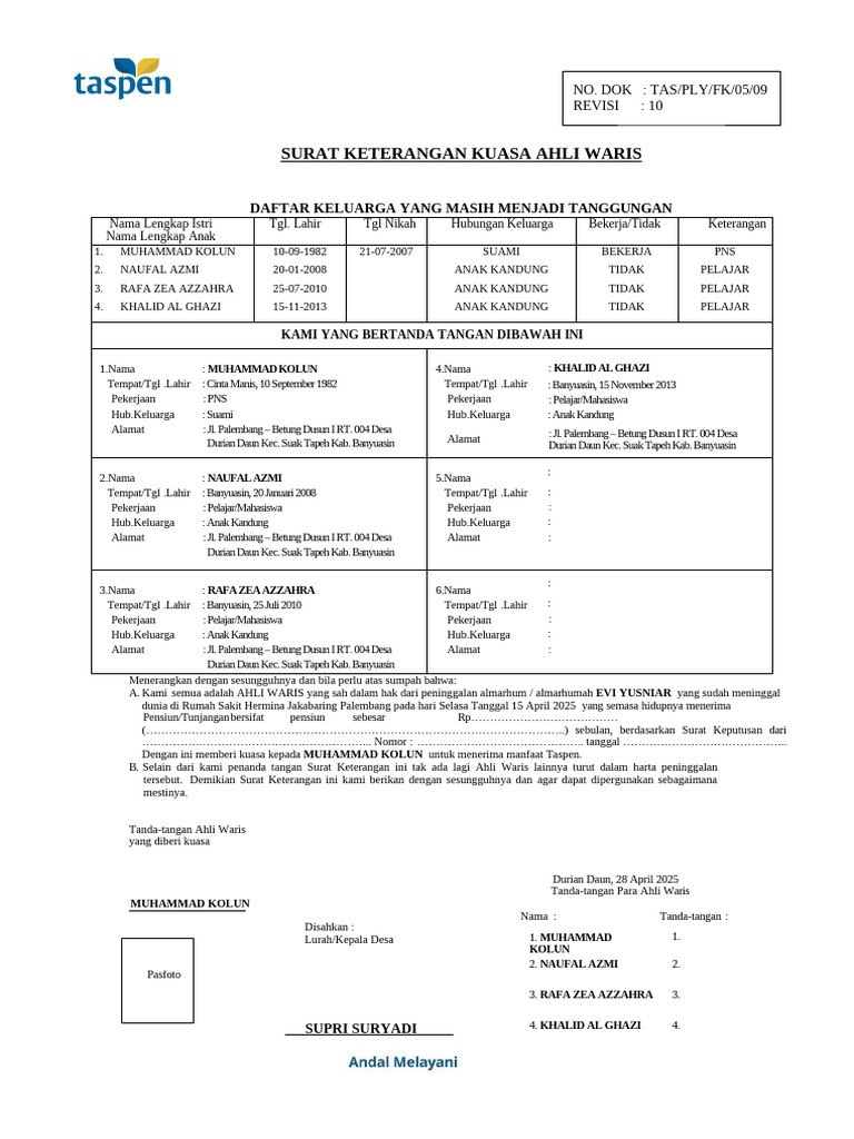Kuasa Ahli Waris Taspen | PDF