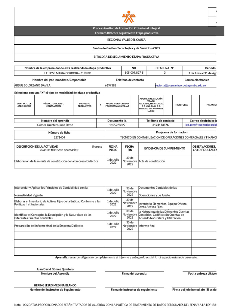 Bitacora Del Sena #3 | PDF | Contabilidad