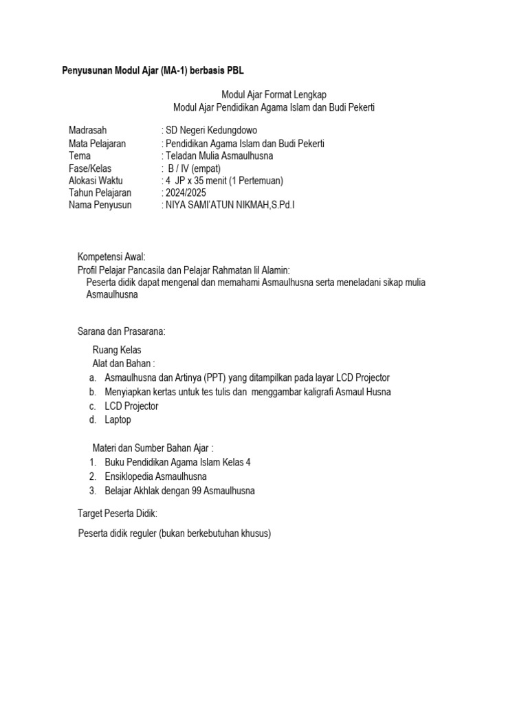 Ma 1 Asmaul Husna Niya Samiatun Nikmah | PDF