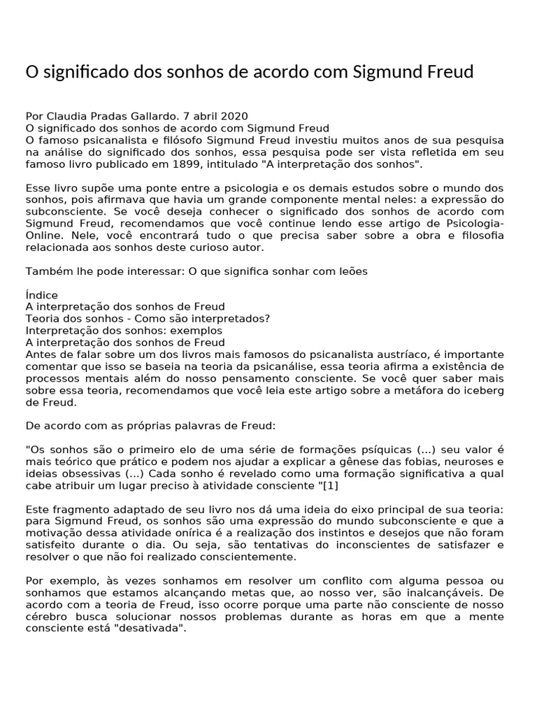 O Significado Dos Sonhos de Acordo Com Sigmund Freud | PDF | Sonho ...