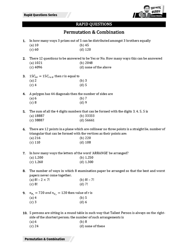Permutation & Combination: Rapid Questions | PDF | Discrete Mathematics ...