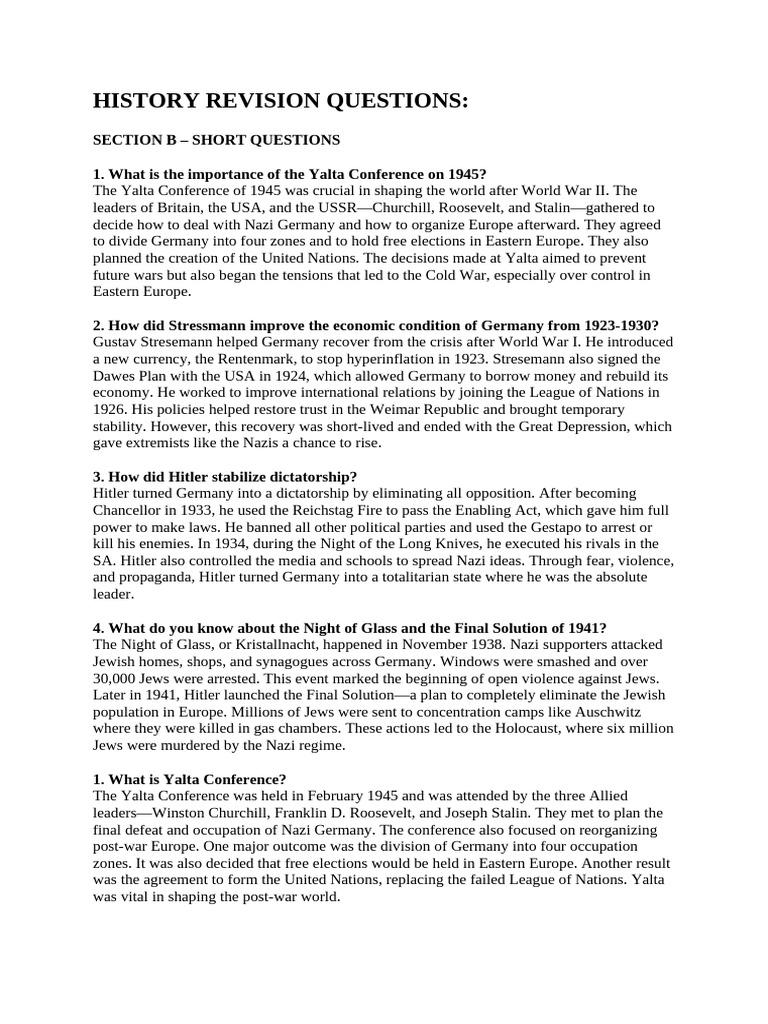 History Revision Questions | PDF | Nazi Germany | Adolf Hitler