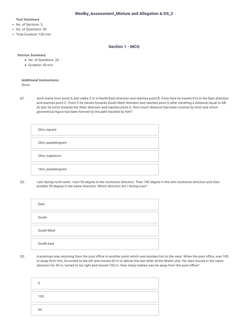 1.2026 - PST II - Mixture and Allegation & DS - 1 - Weelky - Assessment-Set A | PDF | Ratio | Litre