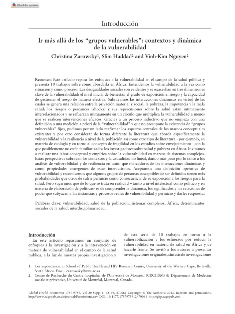 Zarowsky Et Al 2013 Ir Mas Alla de Los Grupos Vulnerables Contextos y Dinamica de La ...