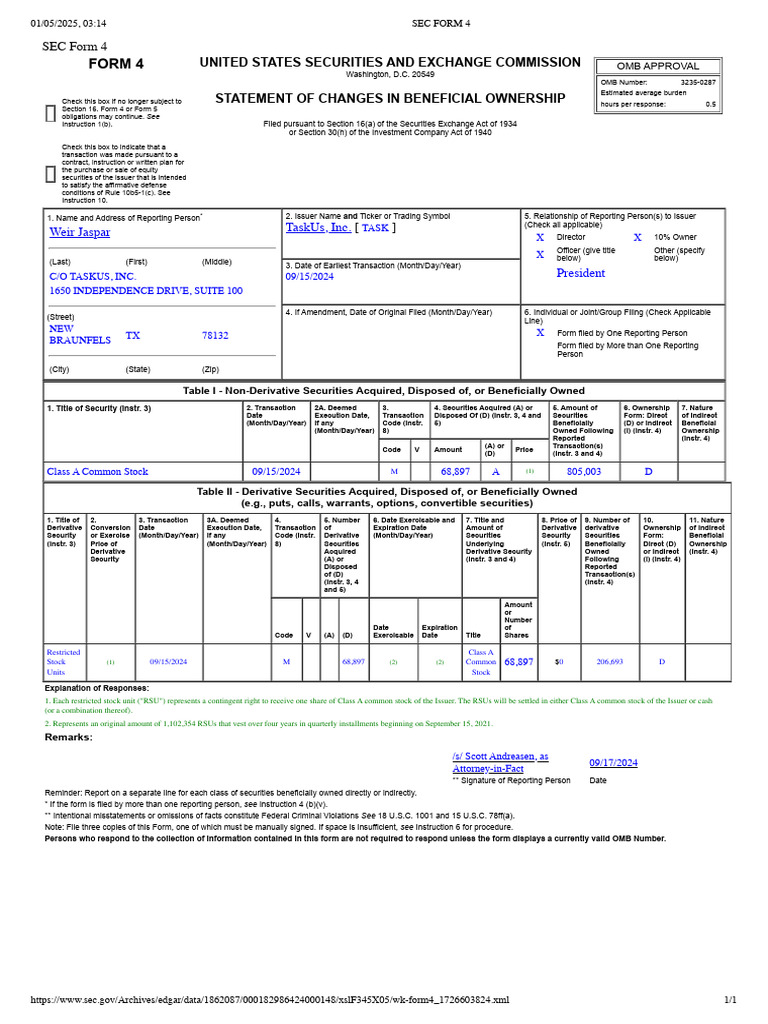 Form 4: United States Securities and Exchange Commission Statement of ...