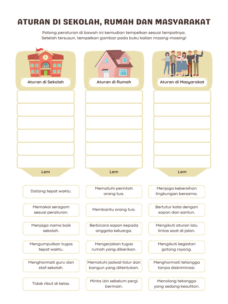 Aturan Di Sekolah Rumah Dan Masyarakat Lembar Kerja Memotong Dan ...