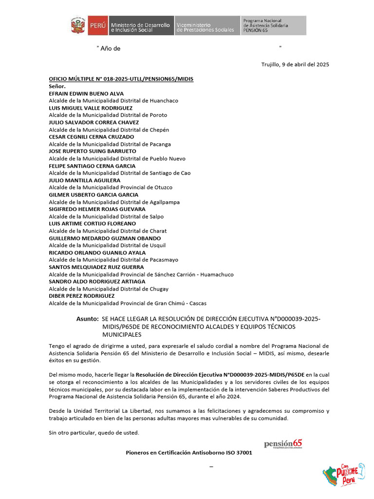 Oficio Multiple N°018-2025-Reconocimiento Alcaldes y Etm | PDF | Servidor (Computación ...