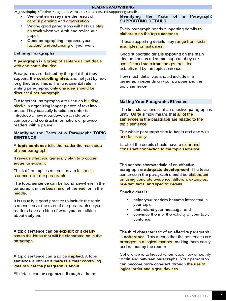 03 - Developing Effective Paragraphs With Topic Sentences and Supporting Details | PDF | Paragraph