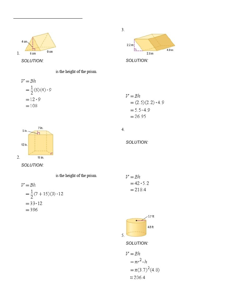 Volume Calculations for Prisms and Cylinders | PDF | Area | Volume