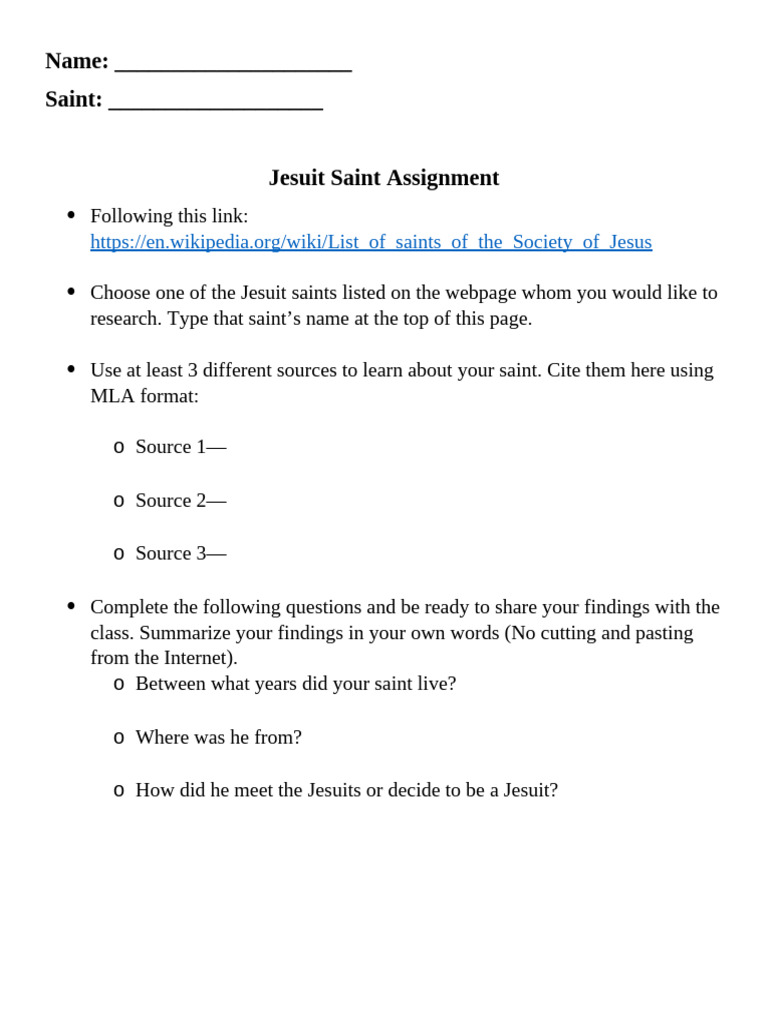 Jesuit Saint Assignment | PDF