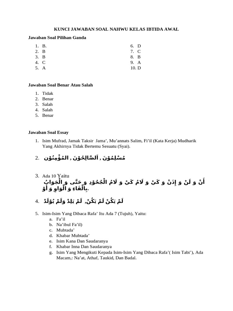 Kunci Jawaban Soal Nahwu Soem Kelas Ibtida Awal | PDF