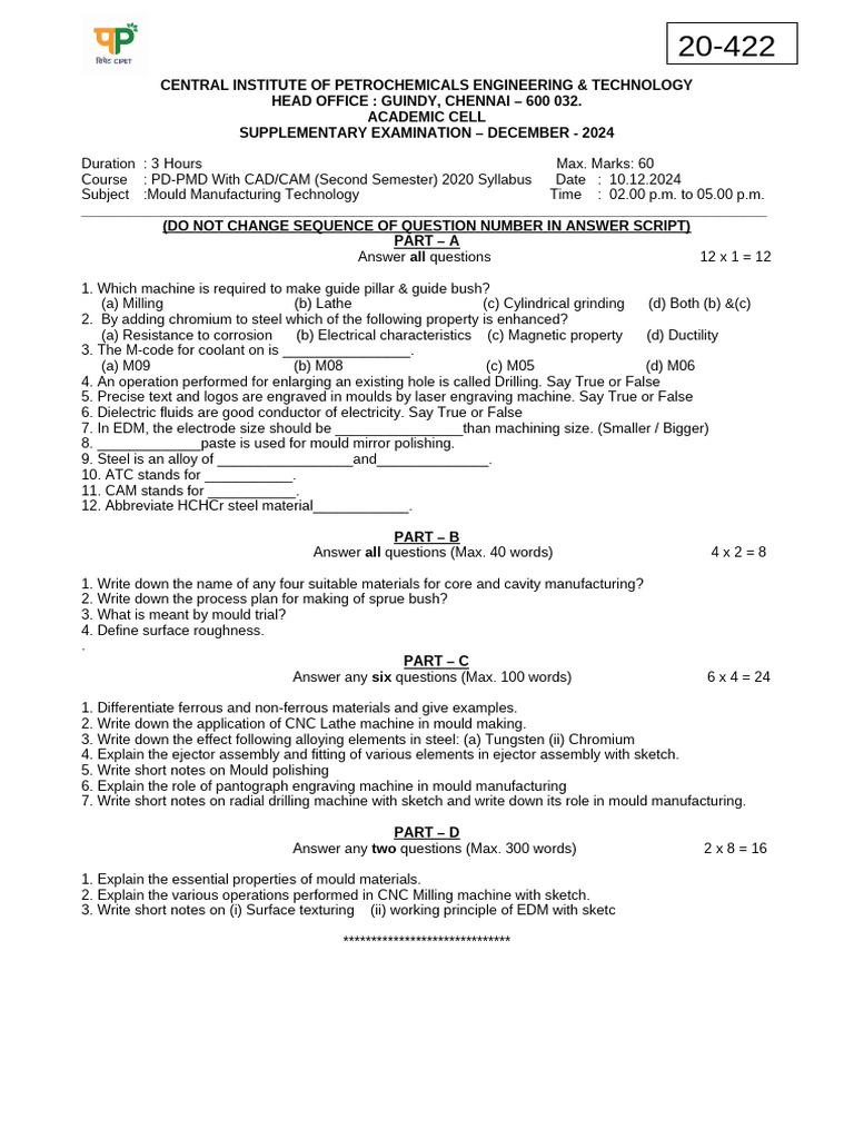 Mould Manufacturing Technology Exam 2024 | PDF | Materials | Metalworking