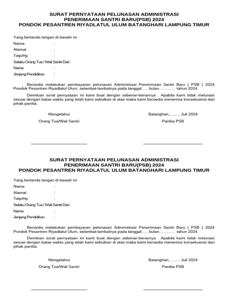 SURAT PERNYATAAN PELUNASAN ADMINISTRASI PSB 2024 | PDF