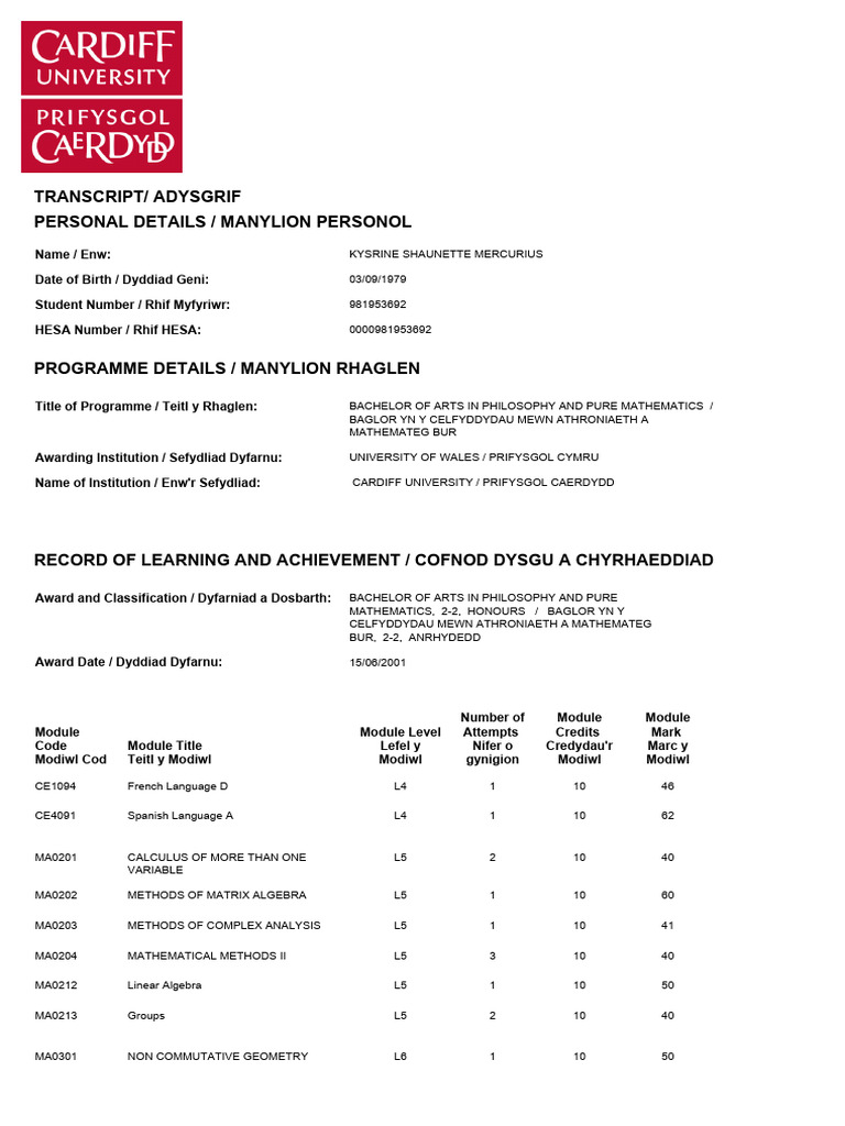 Student Transcript - With CU Logo | PDF | Algebra | Mathematics