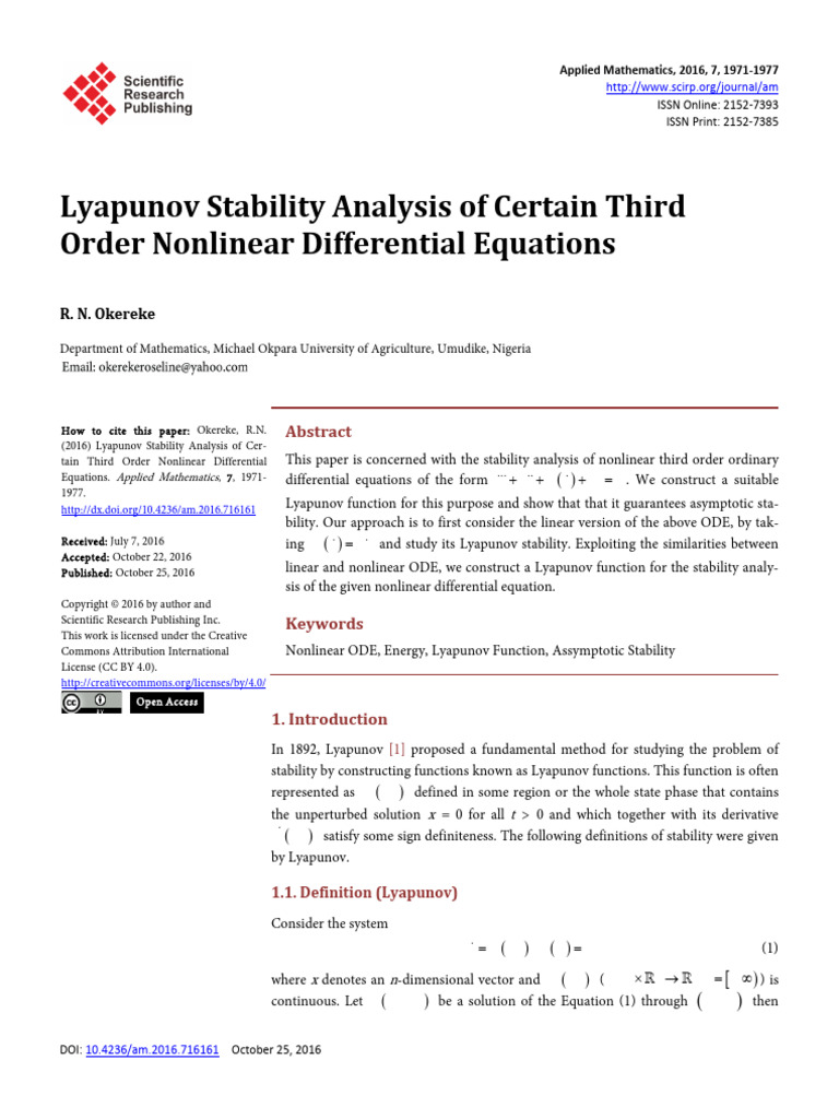 Lyapunov Stability Analysis of Certain Third Order | PDF | Stability Theory | Nonlinear System