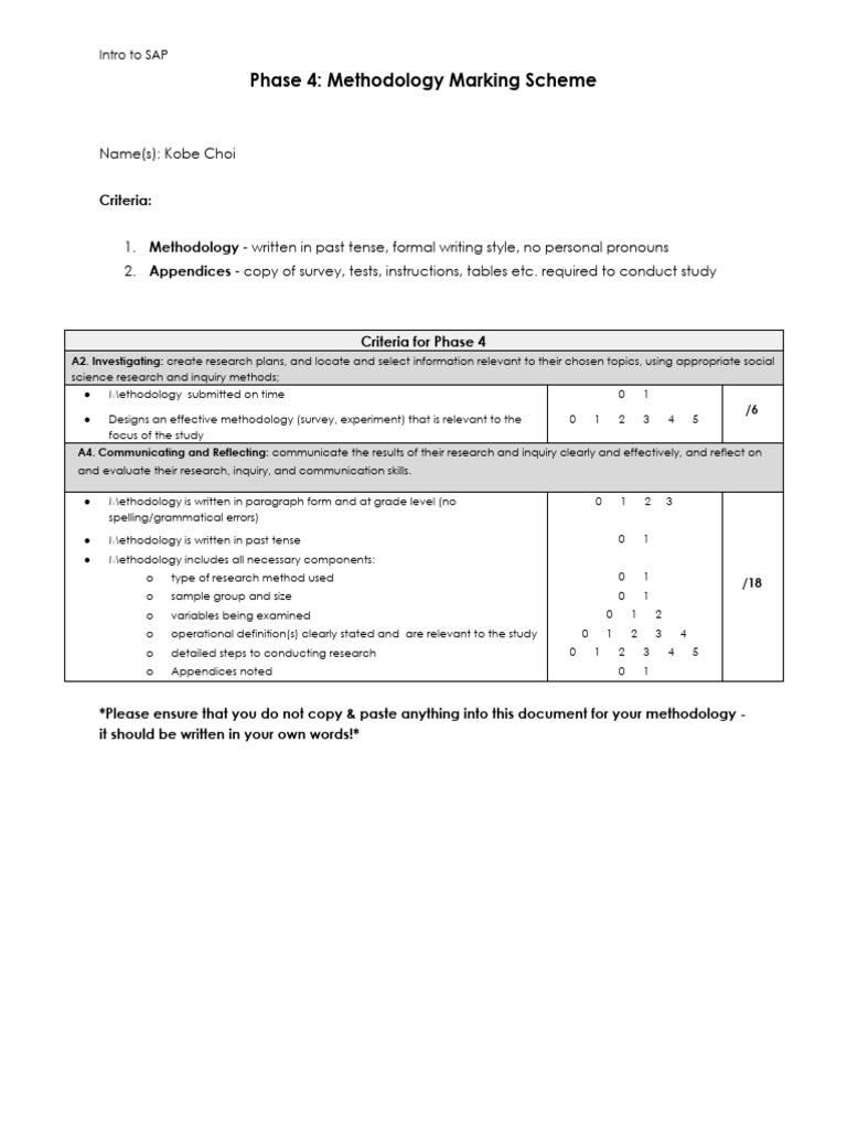 Kobe Choi - Grant Copy of Methodology Marking Scheme | PDF | Methodology | Procedural Knowledge