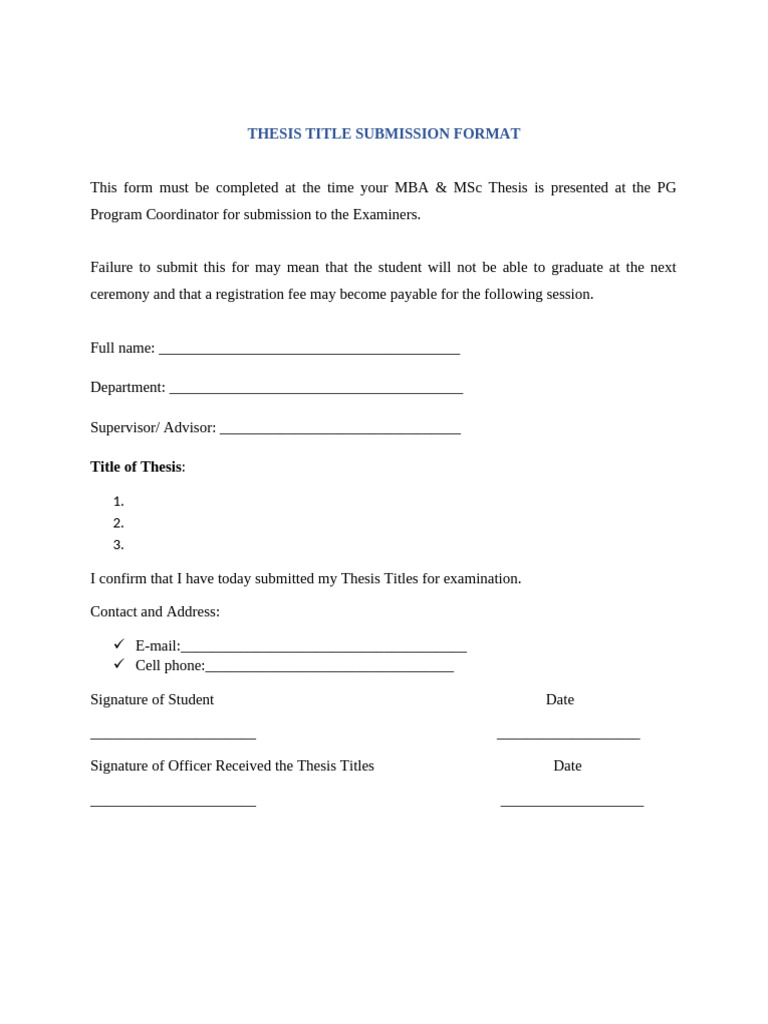 MBA & MSc Thesis Title Submission Form | PDF