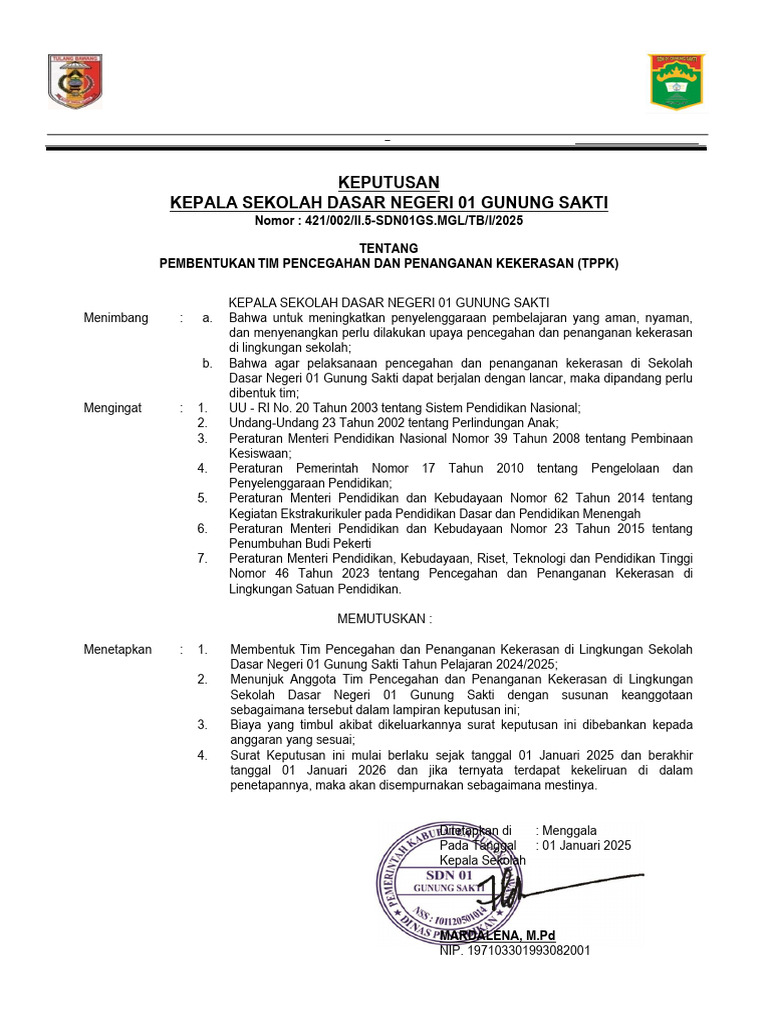 SK Tim Pencegahan Dan Penanganan Kekerasan Di Lingkungan Satuan Pendidikan 2025 | PDF
