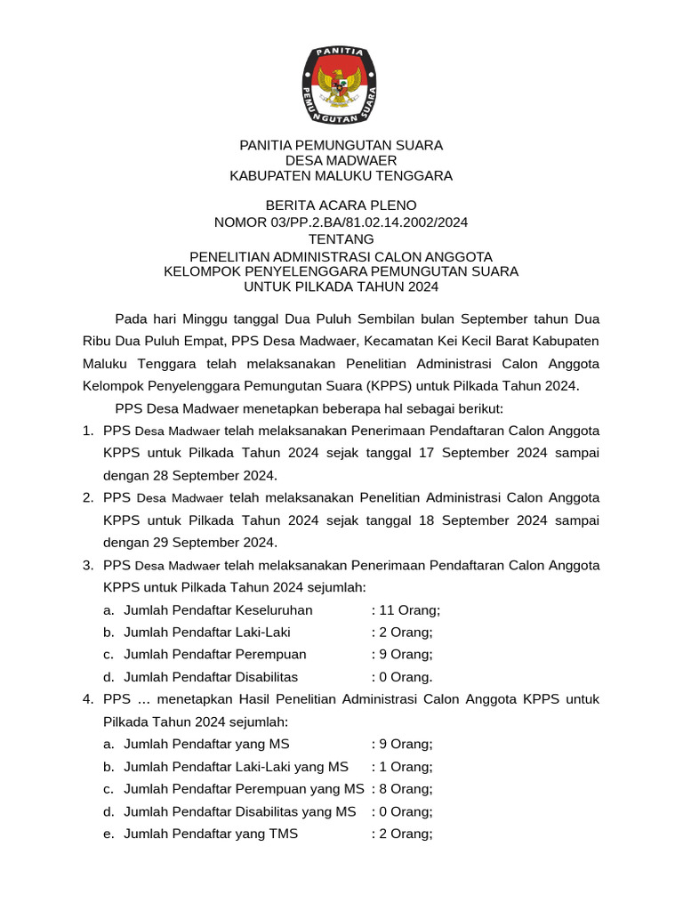 0 BERITA ACARA PPS PENELITIAN ADMINISTRASI KPPS | PDF