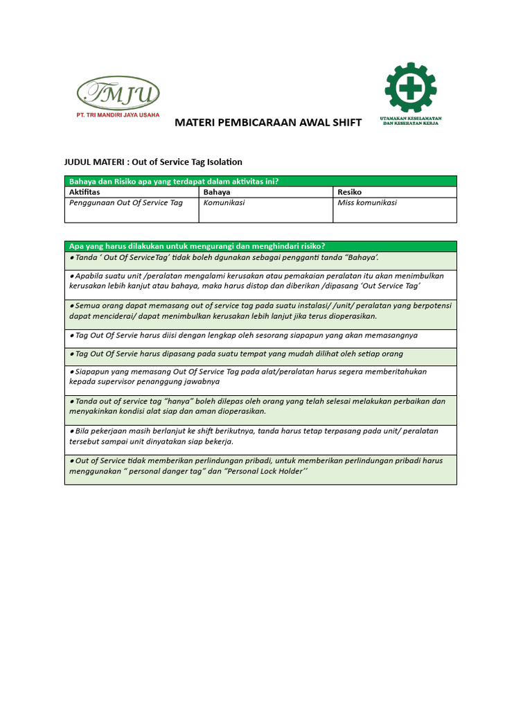 Materi P5M Plant Service Tag | PDF