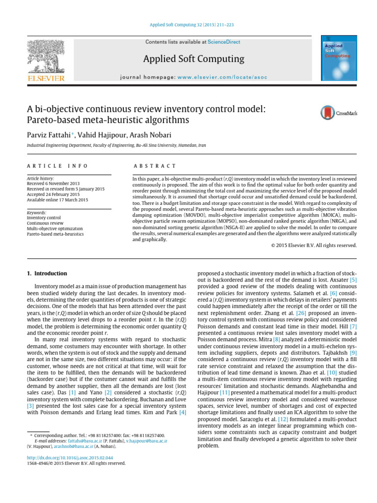 A Bi Objective Continuous Review Inventory Control Model Pareto Based Meta Heuristic Algorithms ...