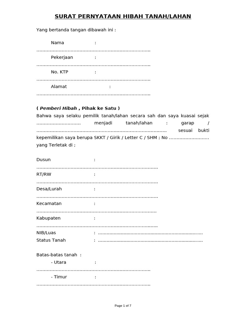 Form - Surat Pernyataan Hibah Tanah - 2022 | PDF