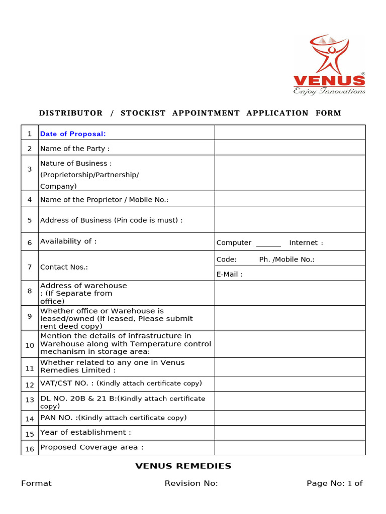 Distributor-Stockist Appointment Application Form | PDF | Private Law ...