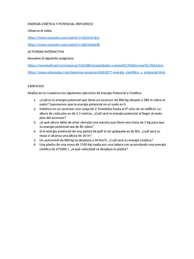 Actividad de Refuerzo Energía Cinética y Potencial Segundos | PDF
